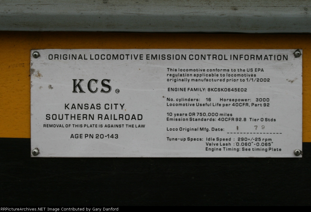 KCS 2962 Data Plate